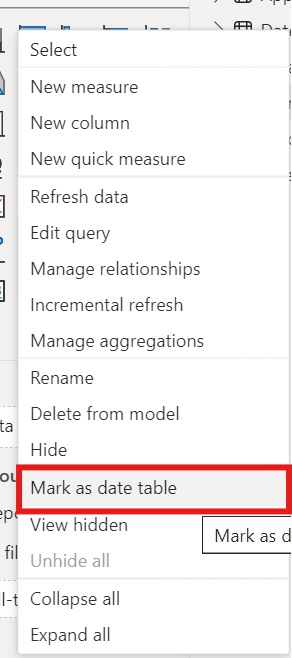 Setting a table as a date table in Power BI to be able to use the delivered Time Intelligence ...